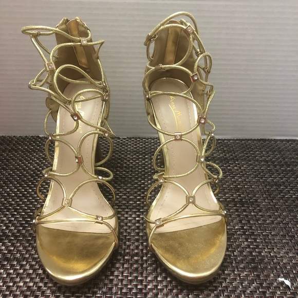 Anne Michelle | Shoes | Anne Michelle Strap Heel Sandals In Gold ...